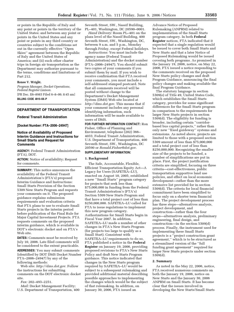 Notice: Reports and Guidance Documents Availability, Etc.: New Starts ...