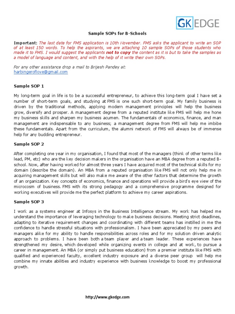 Sample SOPs for FMS | Entrepreneurship | Master Of Business Administration