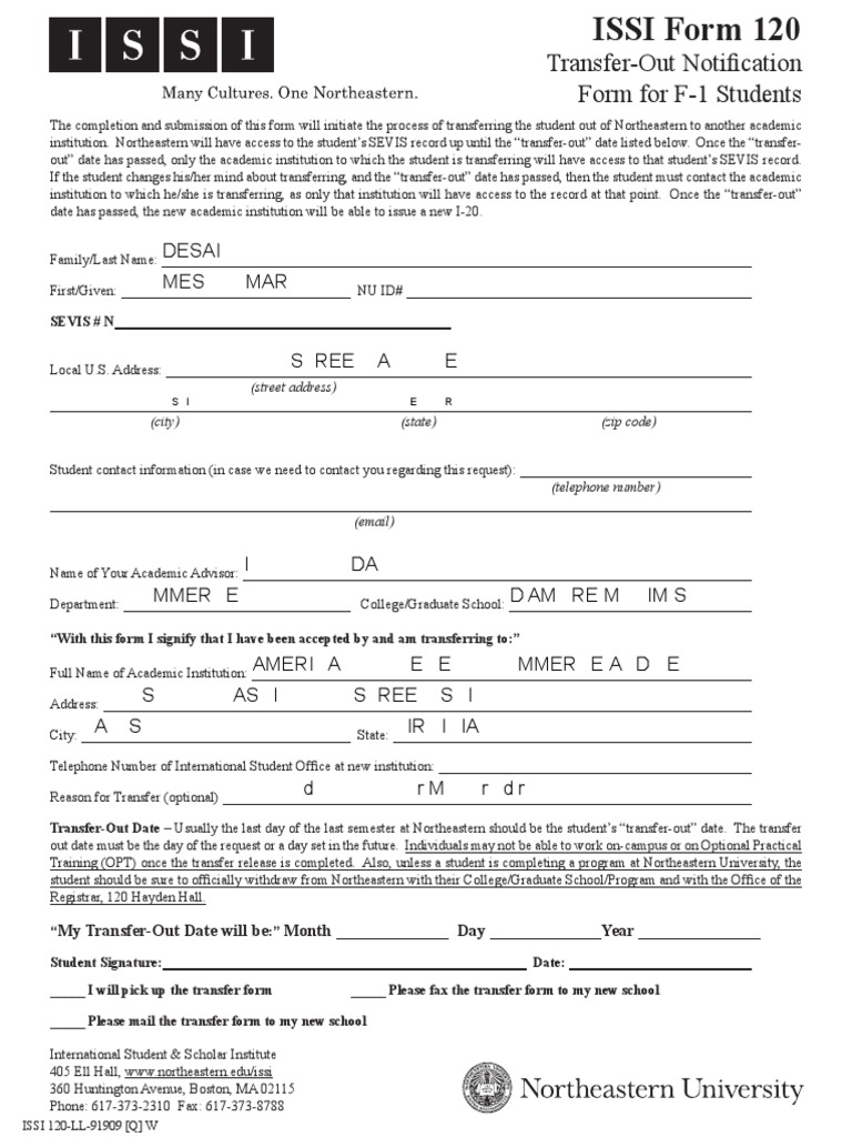 Transfer-Out Notification Form For F-1 Students: (Street Address) (City ...