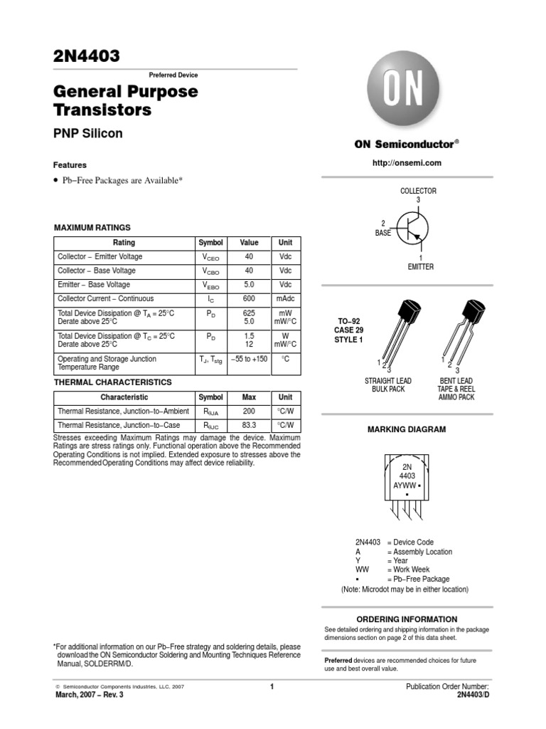 2N4403 On Semi | PDF | Bipolar Junction Transistor | Electricity