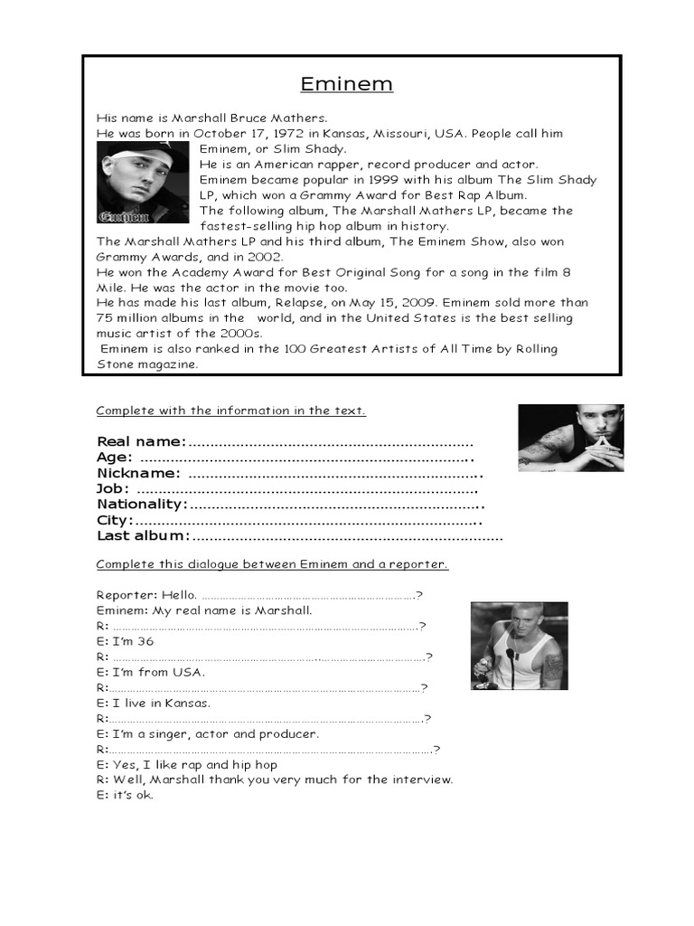 18911 Eminem Worksheet | Musical Subcultures | English Language Music
