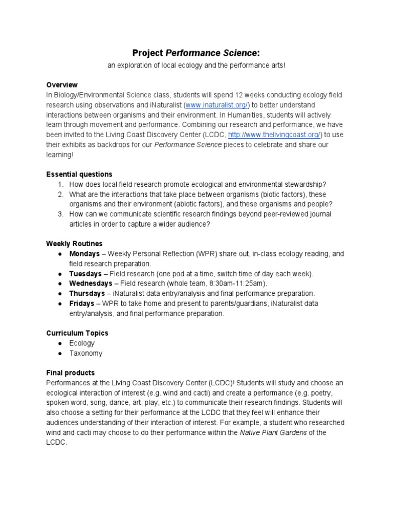 Ecology and Performance Arts Project | PDF | Ecology | Field Research