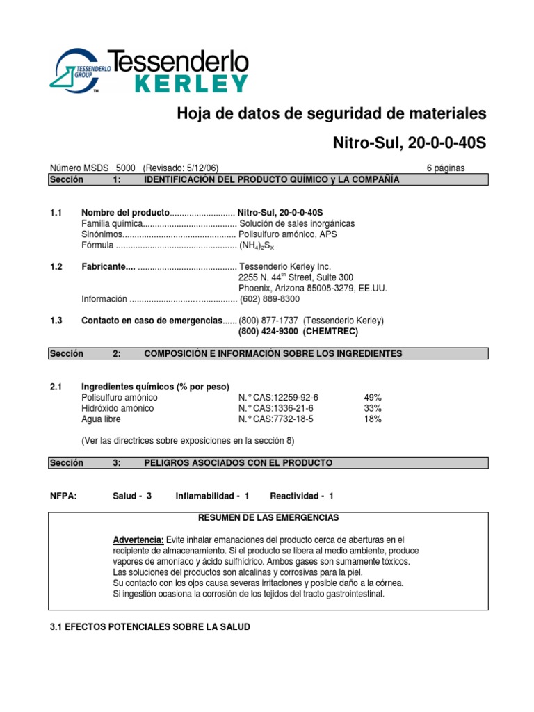 MSDS Nitro-Sul 2040S Spanish | PDF | Amoníaco | Agua