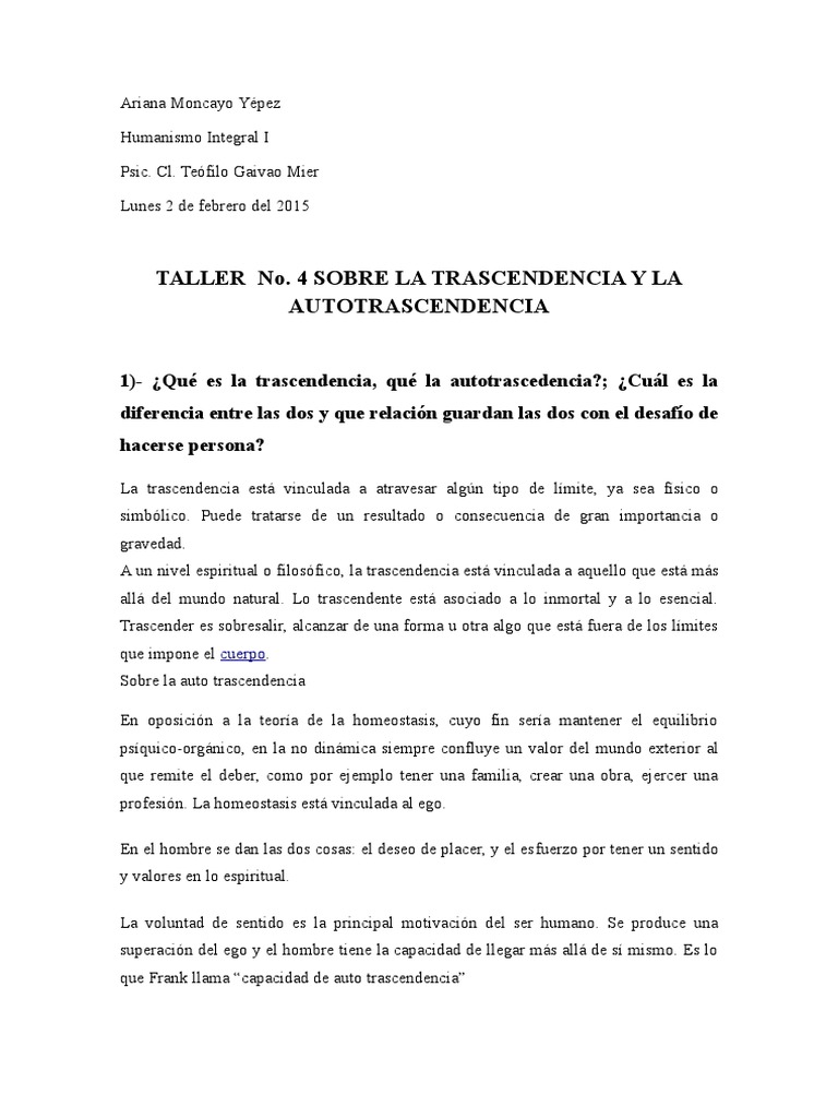 Taller No 4 Sobre La Trascendencia y La Autotrascendencia | PDF ...