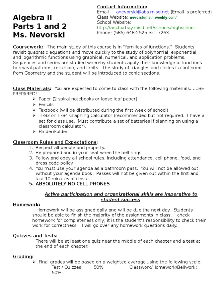 Algebra II Course Overview and Guidelines | PDF | Homework | Test ...
