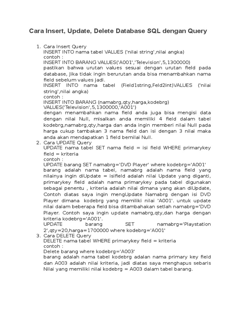 Cara Insert, Update, Delete Database SQL Dengan Query | PDF