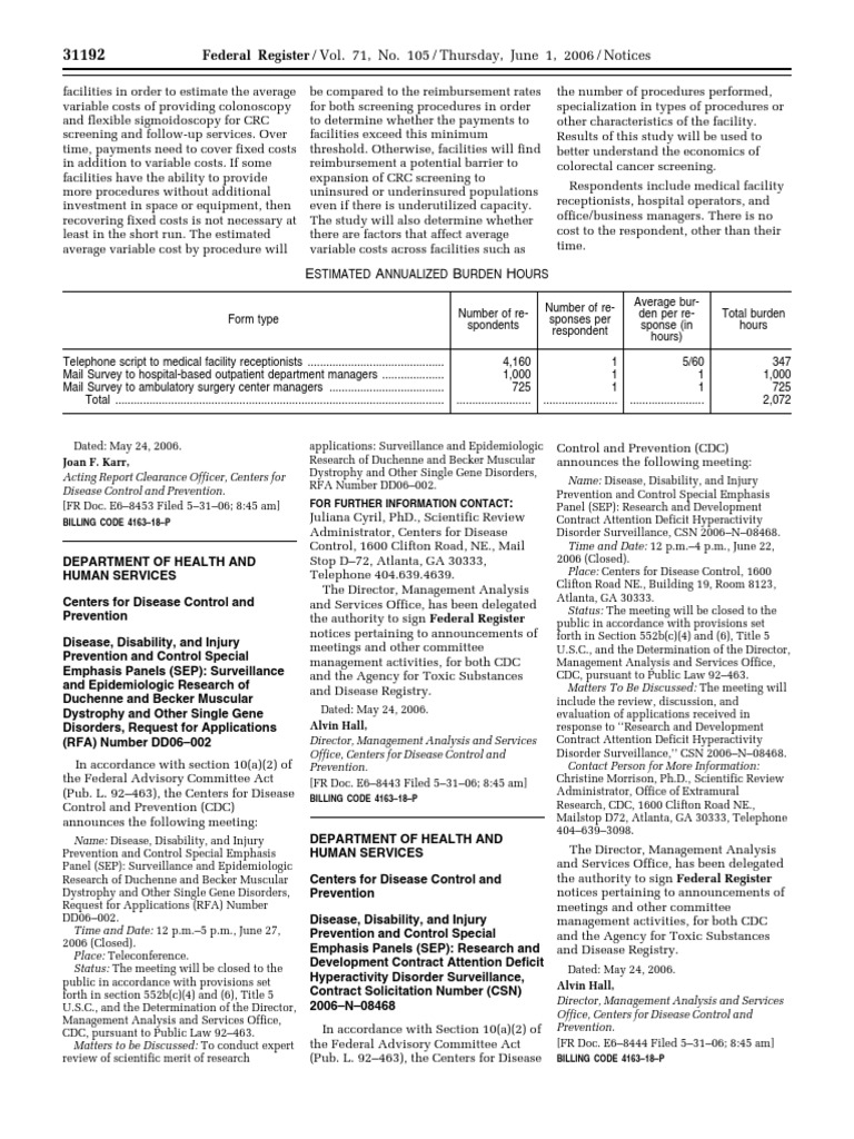 Notice: Meetings: Disease, Disability, and Injury Prevention and ...