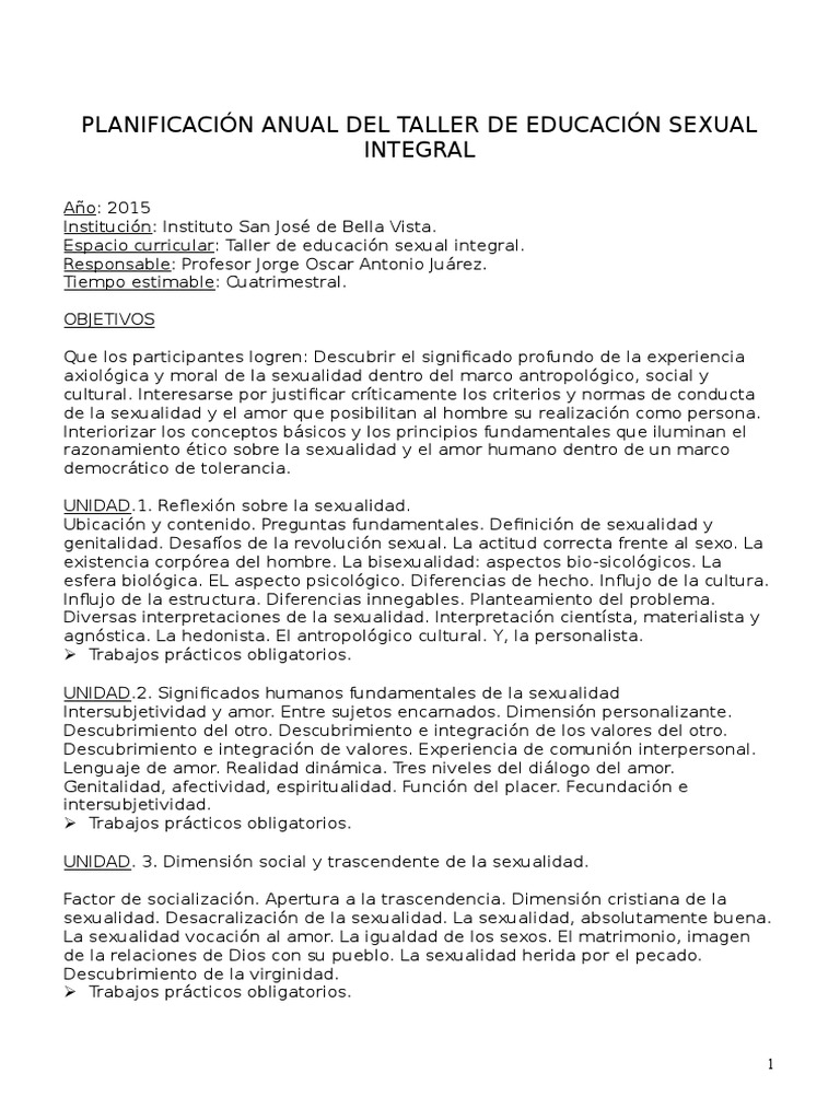 Planificación Anual Del Taller De Educacion Sexual Integral Pdf La