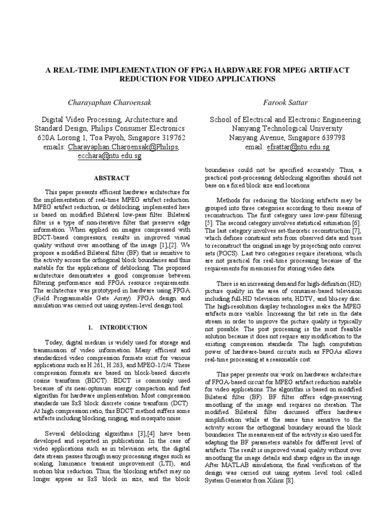 A Real-Time Implementation of Fpga Hardware For Mpeg Artifact Reduction For Video Applications ...