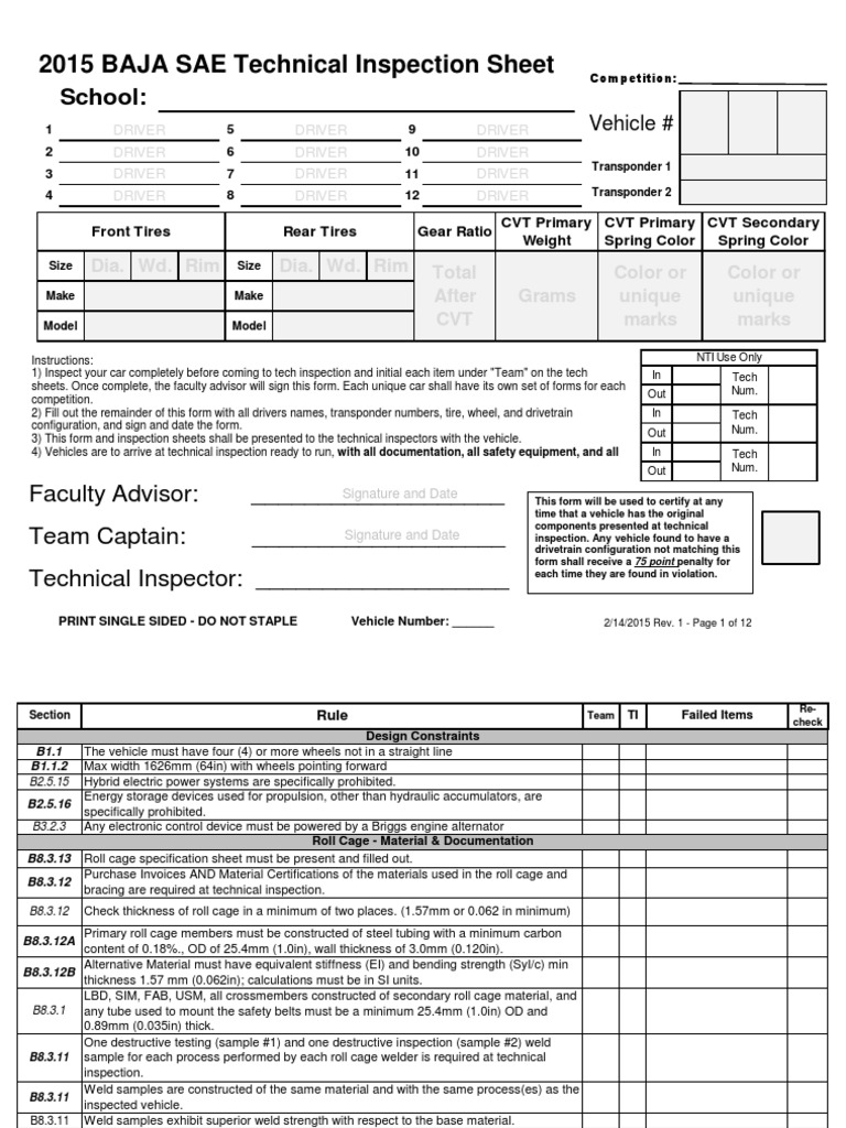 Baja SAE Tech Inspection Sheet 2014-2015 | Switch | Seat Belt | Free 30 ...