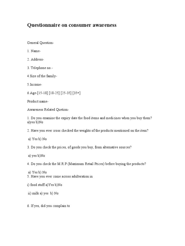 Consumer Awareness Questionnaire Survey | PDF | Microeconomics ...