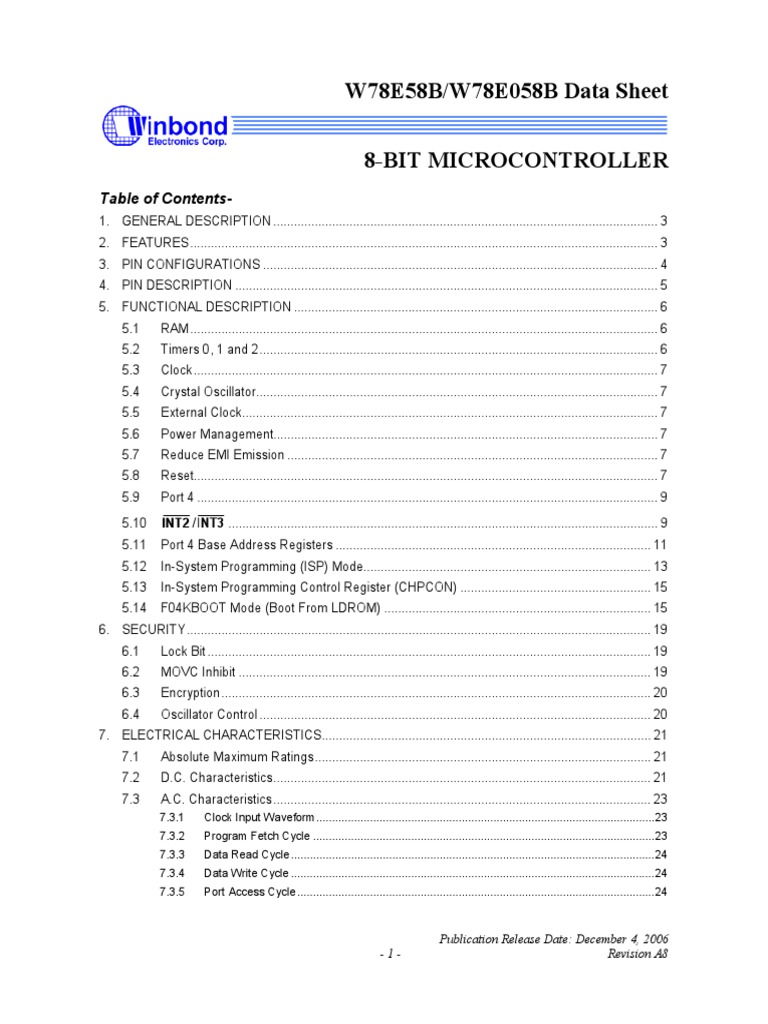 W78E58B/W78E058B Data Sheet 8-Bit Microcontroller: Table of Contents | PDF | Booting ...