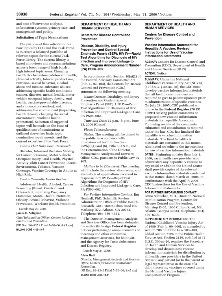 Notice: Meetings: Disease, Disability, and Injury Prevention and ...