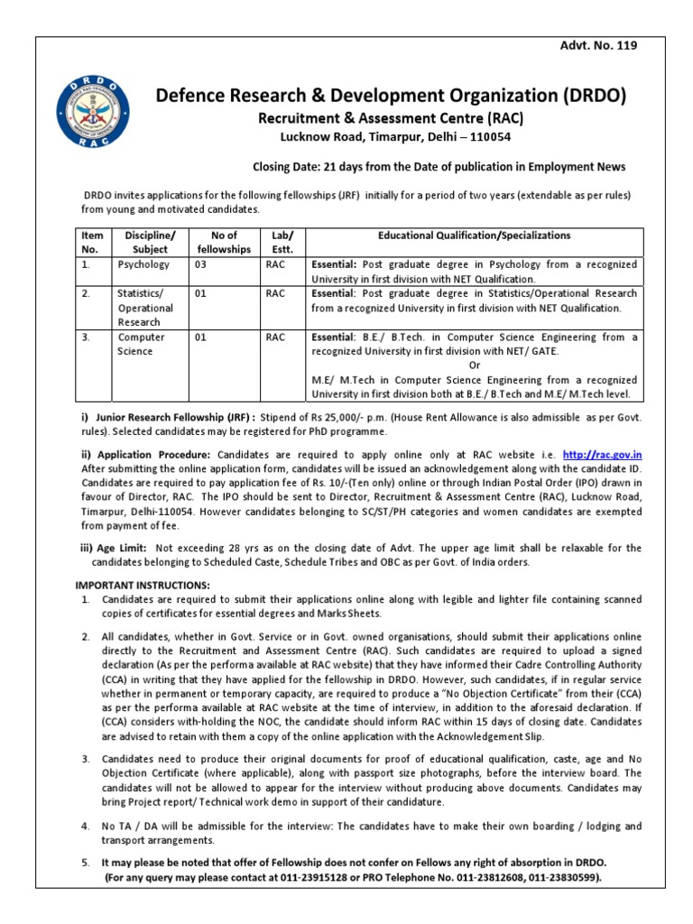 Defence Research & Development Organization (DRDO) : Recruitment ...