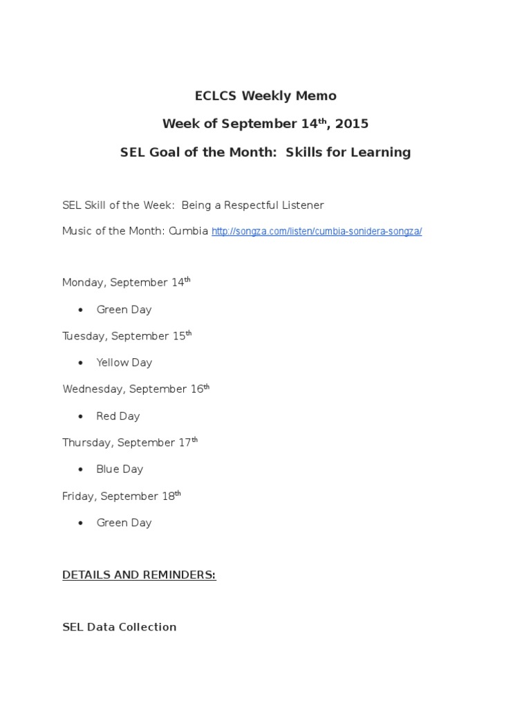 ECLCS Weekly Memo: Sept 14-18, 2015 | PDF
