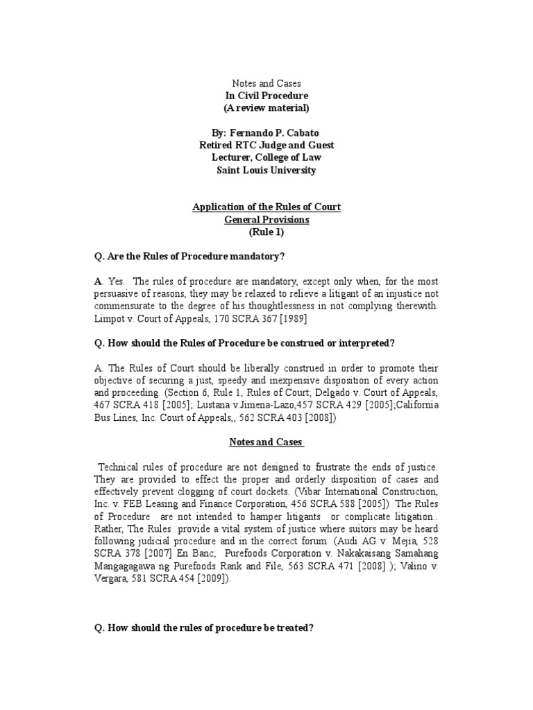 Civil Procedure - Notes and Cases | PDF | Lawsuit | In Rem Jurisdiction