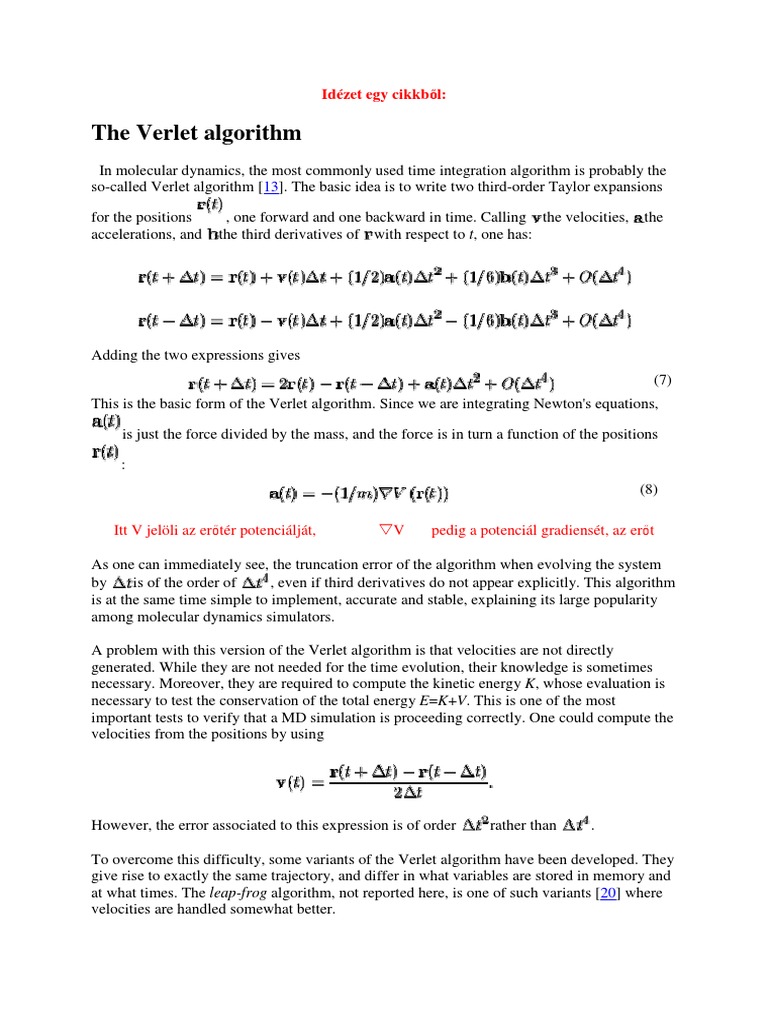 The Verlet Algorithm: Idézet Egy Cikkből | PDF | Algorithms | Physics