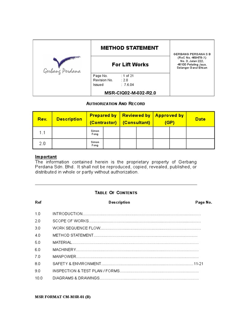 Method Statement For Lift Works | PDF | Elevator | Safety