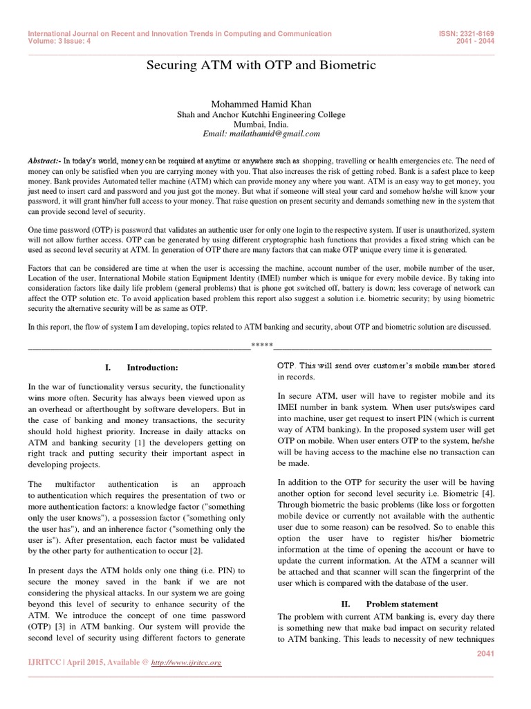 Securing Atm With Otp And Biometric Pdf Automated Teller Machine Personal Identification