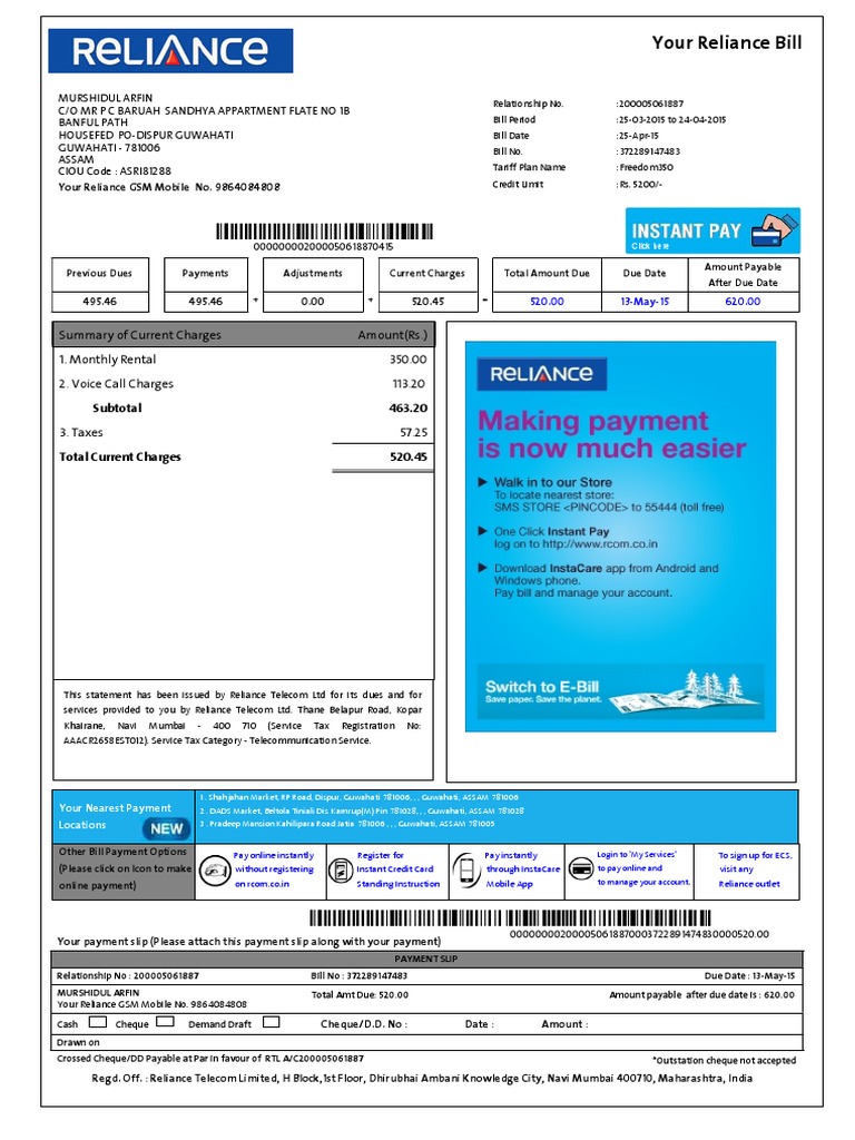 Your Reliance Bill | Download Free PDF | Roaming | Short Message Service