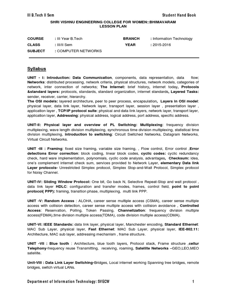 III-II ITCN Lesson Plan | PDF | Channel Access Method | Osi Model