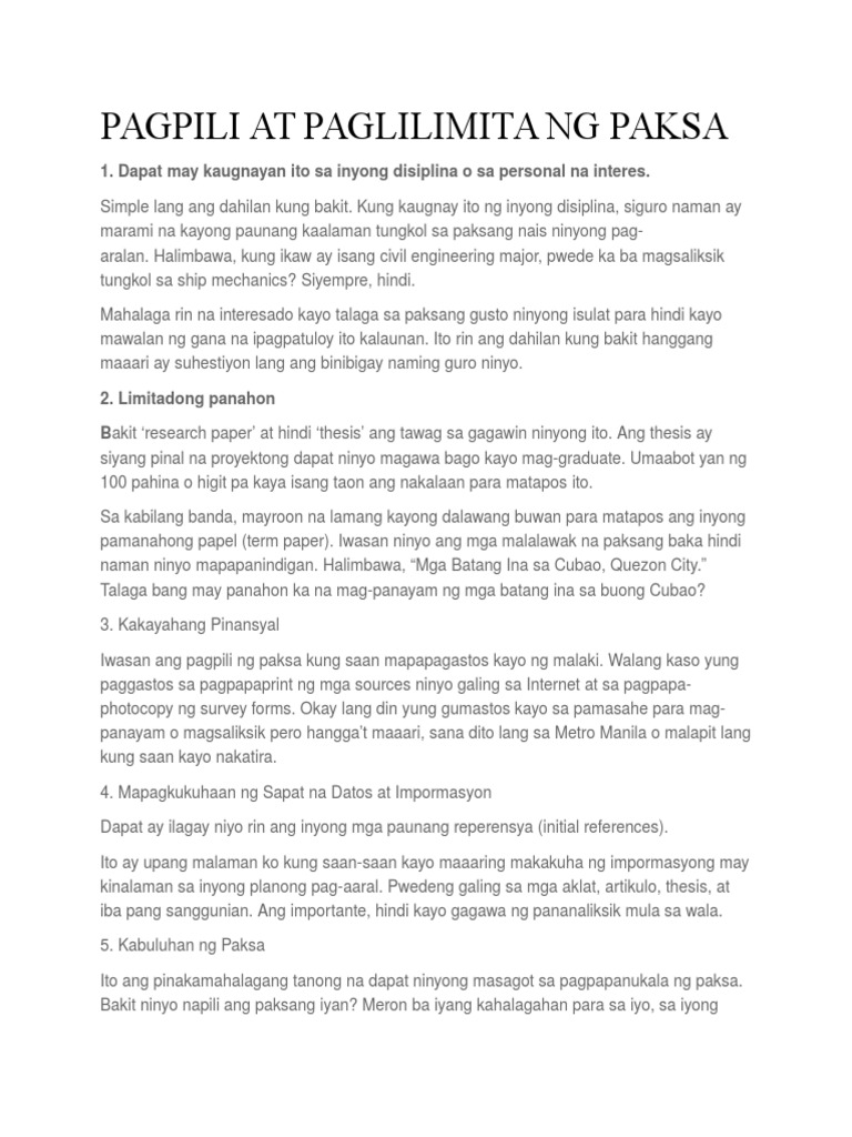 Pagpili at Paglilimita Ng Paksa