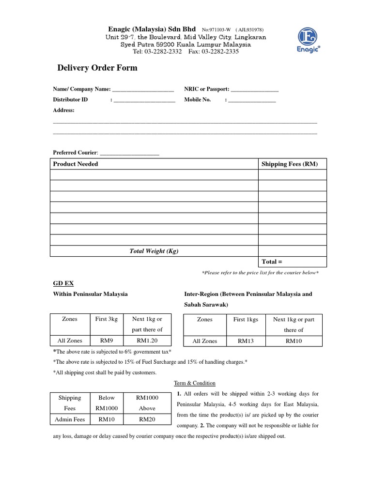 Delivery Order Form: Enagic (Malaysia) SDN BHD | PDF
