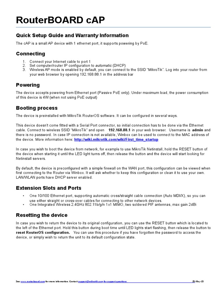 Routerboard Cap: Quick Setup Guide and Warranty Information | PDF ...
