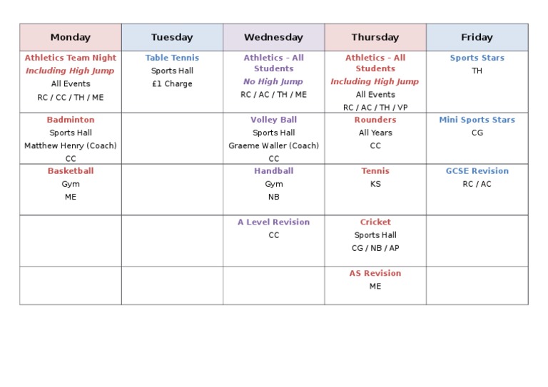 Weekly Sports Schedule and Events | PDF
