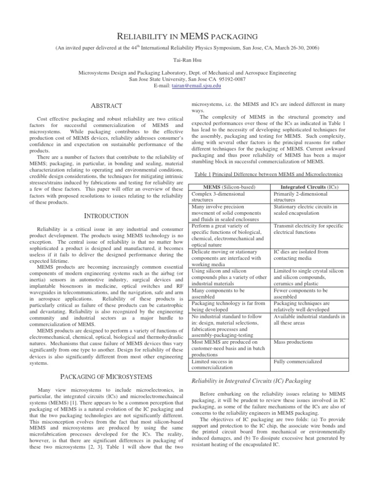 Reliability in MEMS Packaging 1 | PDF | Microelectromechanical Systems ...