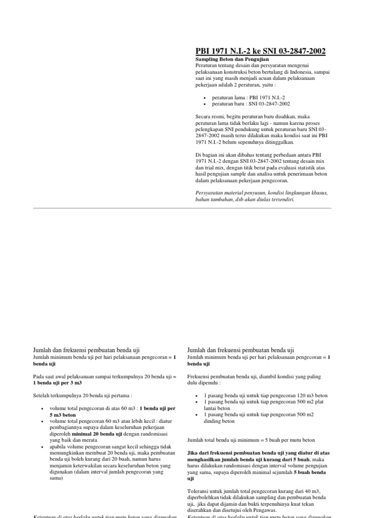 Perbandingan Pbi Vs Sni Utk Benda Uji Beton | PDF Perbandingan Pbi Vs Sni Utk Benda Uji Beton | PDF