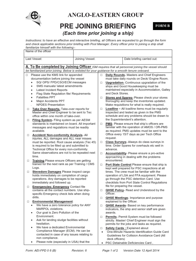 Pre Joining Briefing: Anglo-Eastern Group | PDF | Water Transport ...