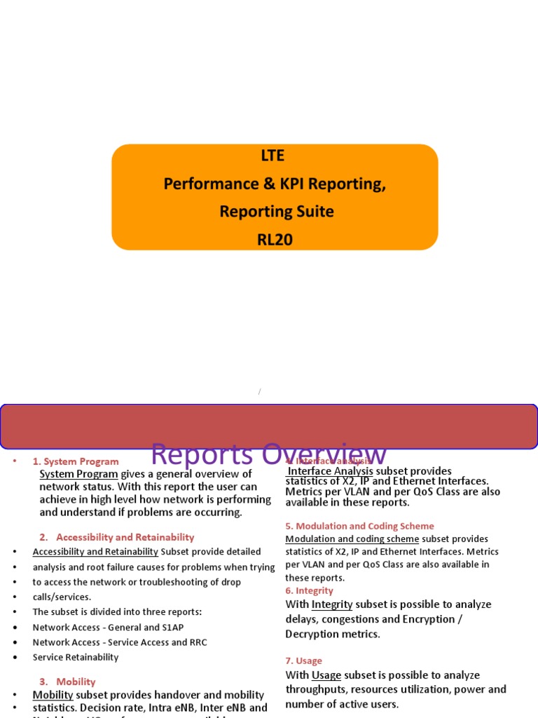 LTE Performance & KPI Reporting, Reporting Suite RL20 | PDF | Science ...