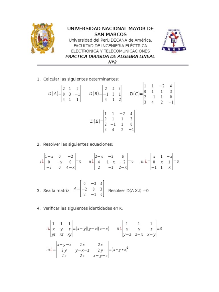 Practica Dirigida 3 de Algebra Lineal | PDF | Determinante | Matriz (Matemáticas)