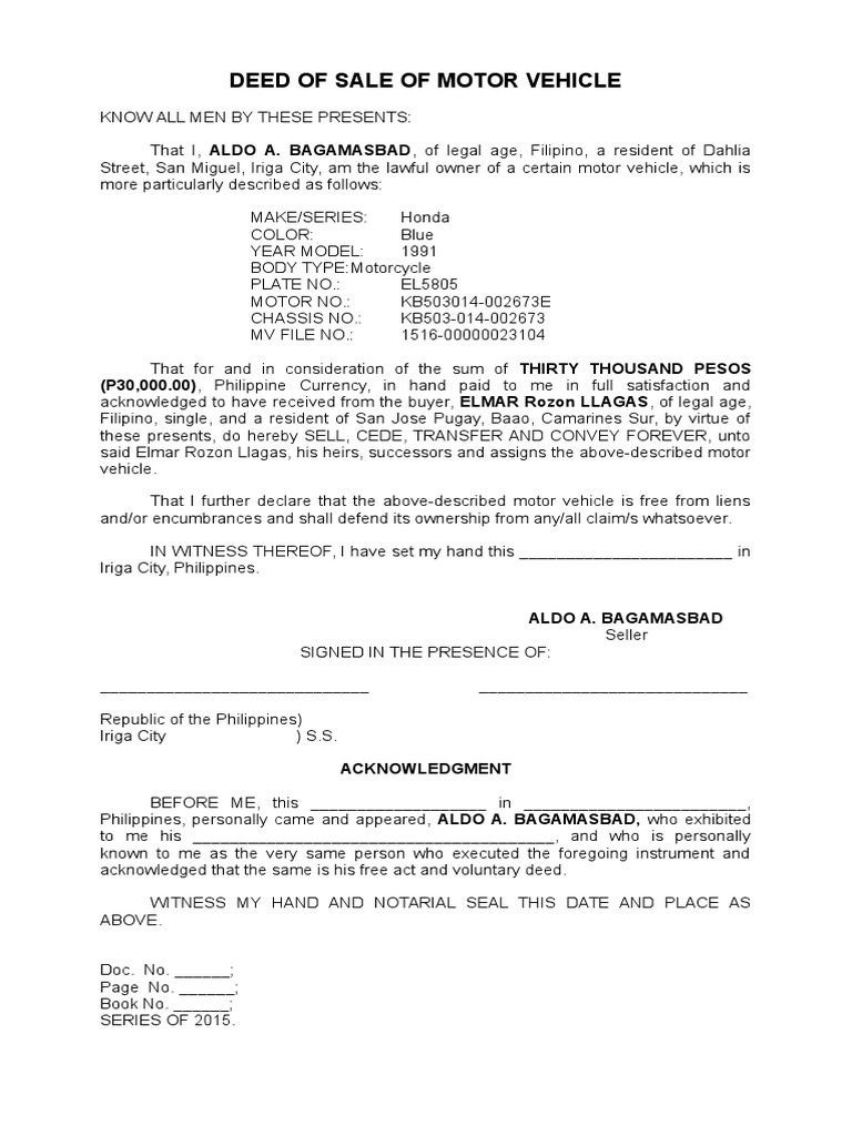 Deed of Sale of Motorcycle | Deed | Philippines