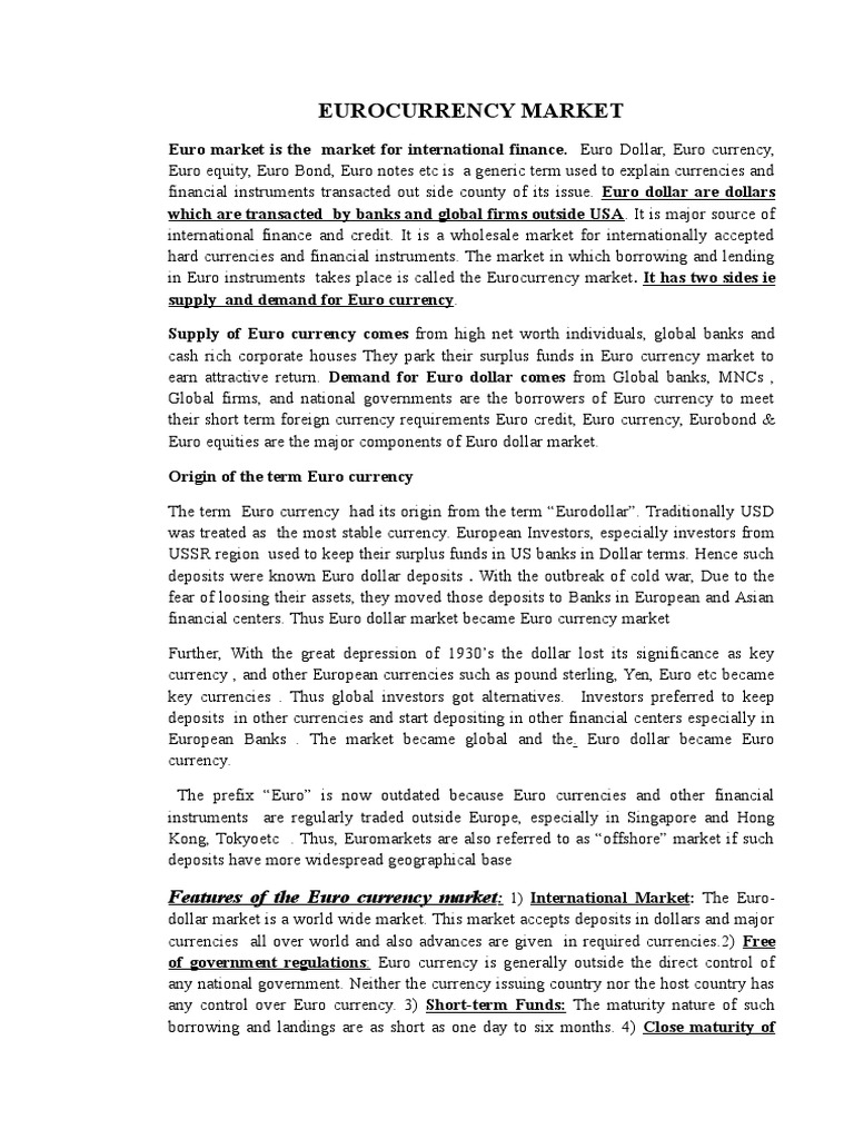 Eurocurrency Market: Features of The Euro Currency Market | PDF | Bonds ...