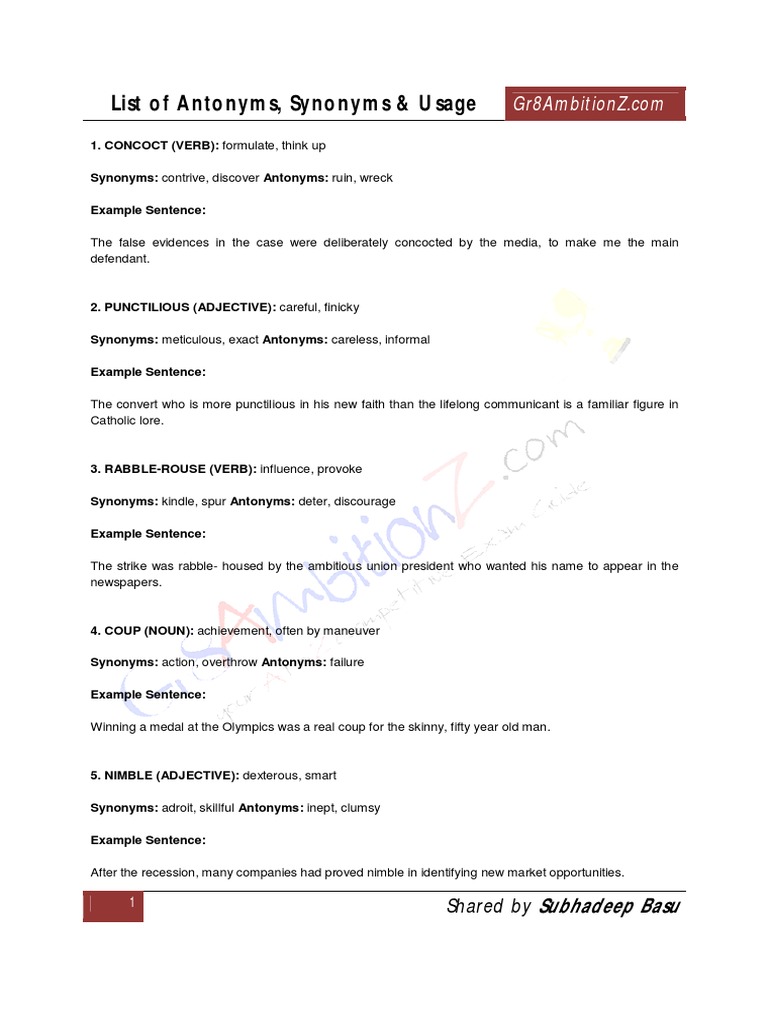 Synonym & Antonyms - IMP | Adjective | Verb