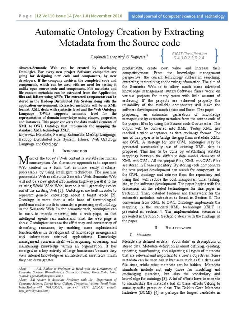 Automatic Ontology Creation by Extracting Metadata From The Source Code | PDF | Metadata | Xml