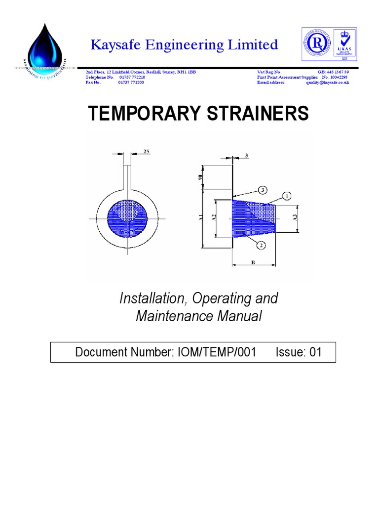 Kaysafe Engineering Temporary Pipeline Strainers IOM 2013 | PDF | Screw | Mechanical Engineering
