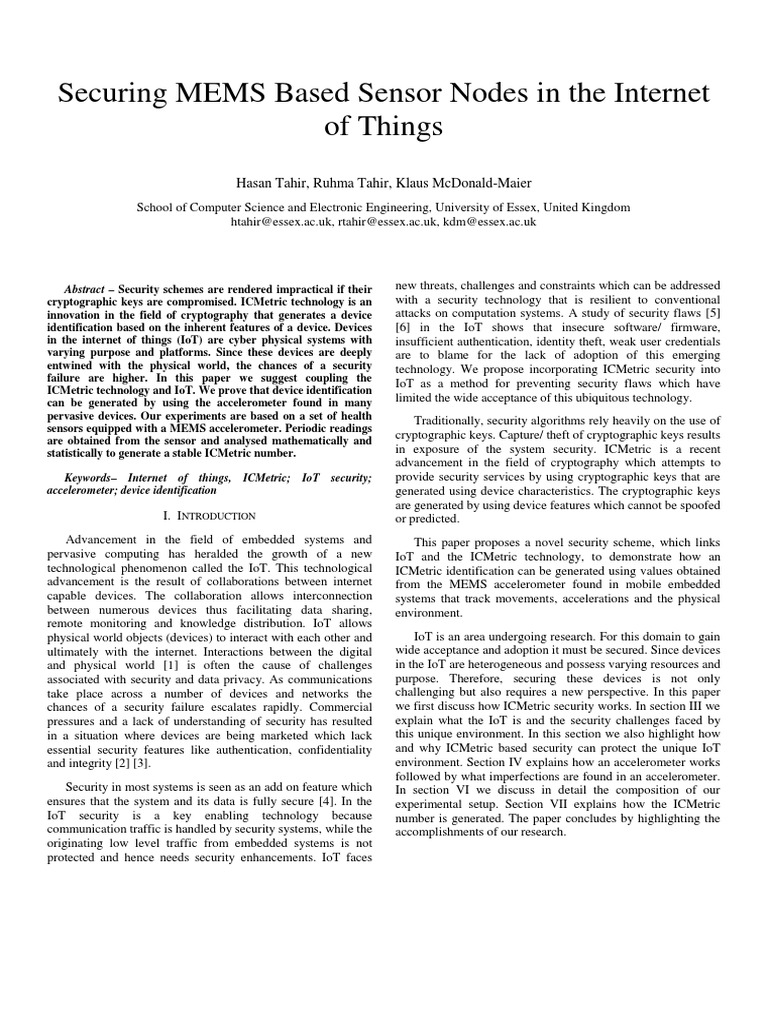 Securing MEMS Based Sensor Nodes in The Internet of Things | PDF ...