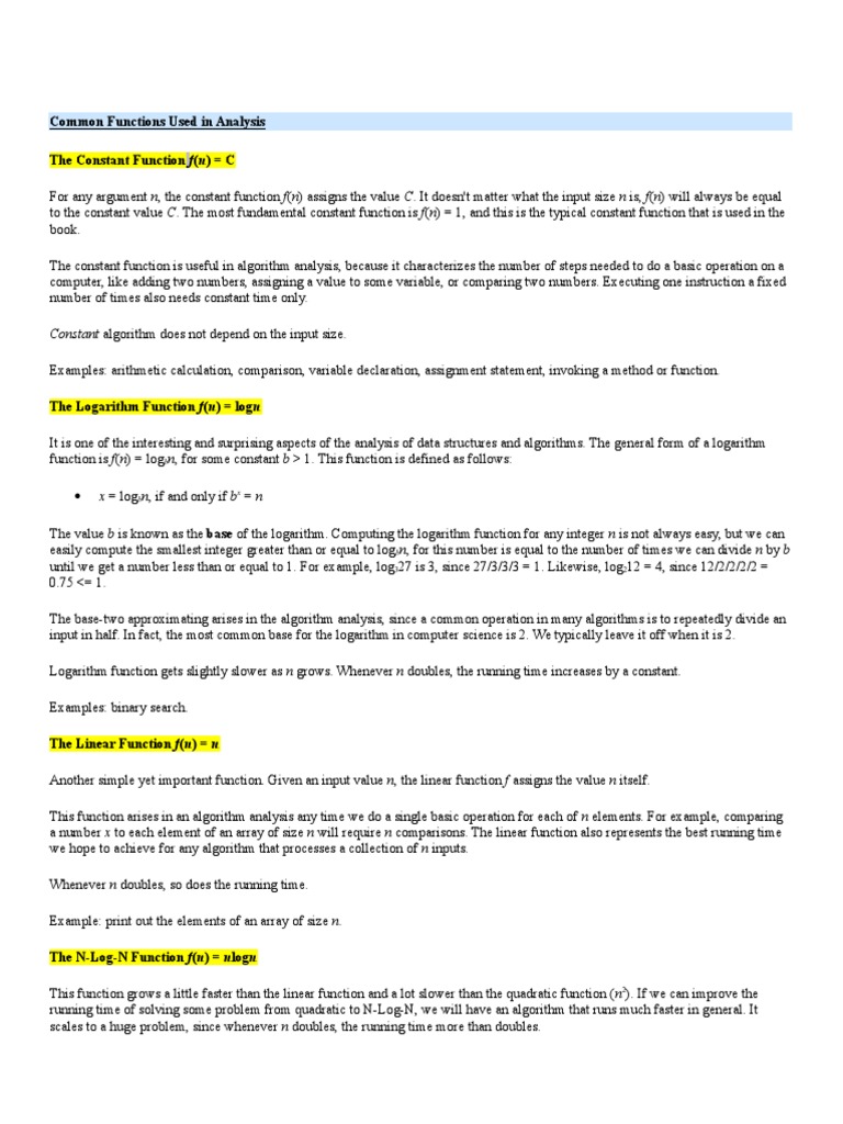 Common Functions Used in Analysis | PDF | Time Complexity | Function (Mathematics)