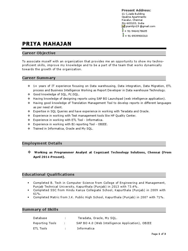 Priya Resume | PDF | Business Intelligence | Oracle Corporation