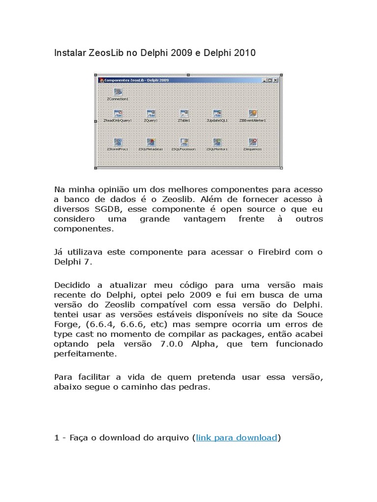 Instalar ZeosLib No Delphi 2009 e Delphi 2010 | PDF