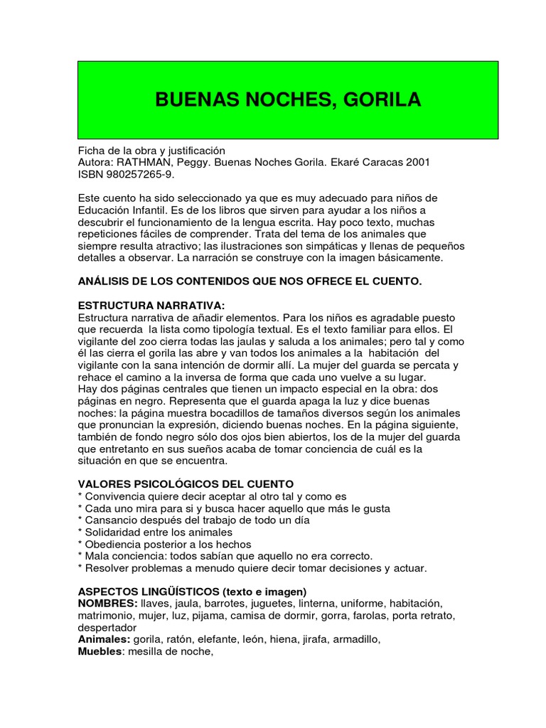 Cuento de Buenas Noches: Gorila | PDF | Artes del Lenguaje y ...