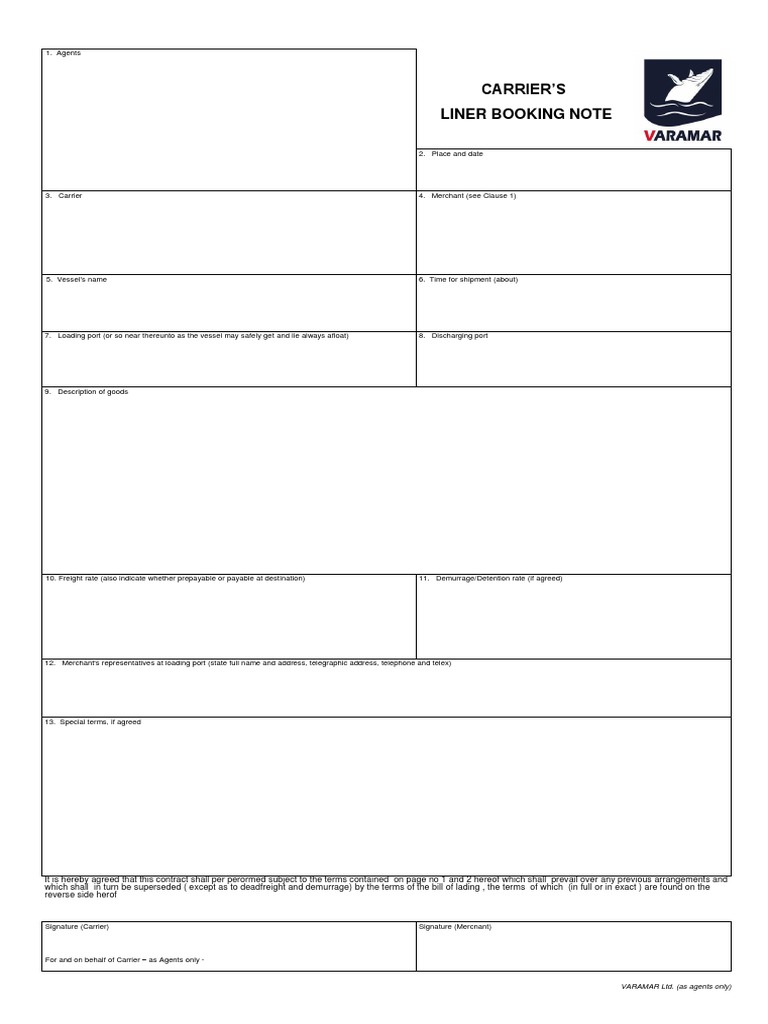 Carrier's Booking Note | PDF | Cargo | Bill Of Lading
