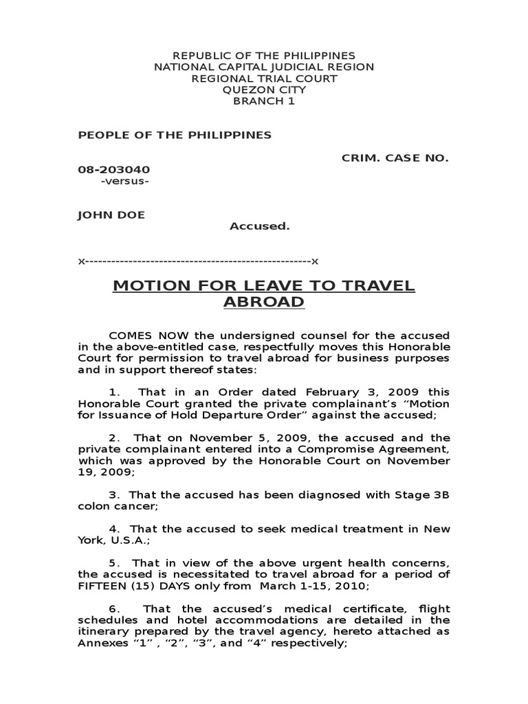 Motion to Travel Sample | Judiciaries | Government