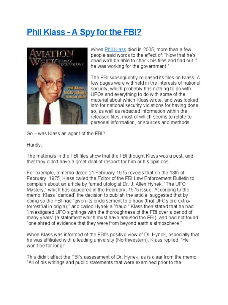 Philip J. Klass - A Spy For The FBI? | PDF | Unidentified Flying Object