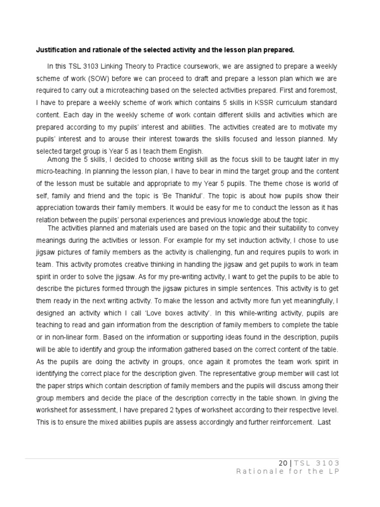Justification and Rationale of The Selected Activity and The Lesson ...
