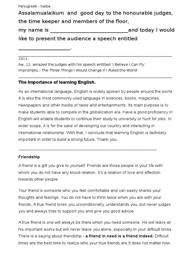 Public Speaking Impromptu | PDF | Friendship | English Language