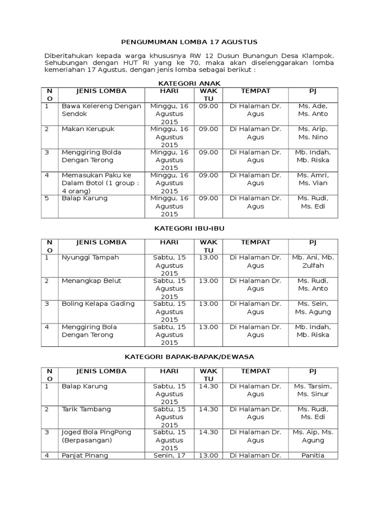 Pengumuman Lomba 17 Agustus | PDF